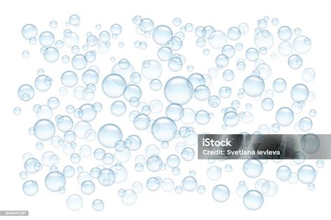 비누 거품 샴푸 또는 목욕 거품 물에 거품을 냅니다 공기 투명한 아쿠아 유리 구체에서 비행 현실적인 세탁 분말 세제 또는 세척 젤 기포에 대한 스톡 벡터 아트 및 기타