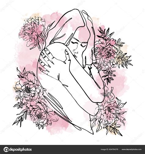 Silhouette Naked Female Figure Black Linear Sketch Woman Hugging