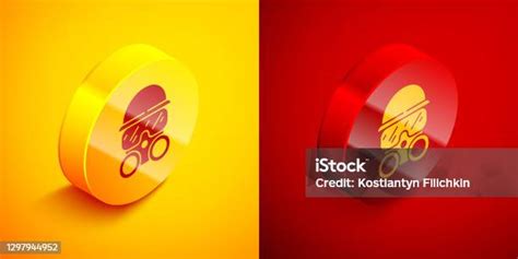 주황색과 빨간색 배경에 격리된 등색 방독면 아이콘입니다 호흡보호구 표지판 서클 버튼입니다 벡터 3차원 형태에 대한 스톡 벡터