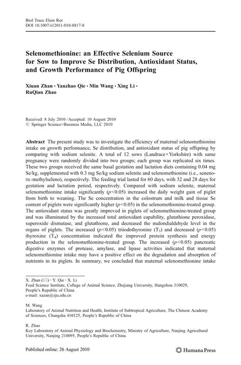 Pdf Selenomethionine An Effective Selenium Source For Sow To Improve Se Distribution