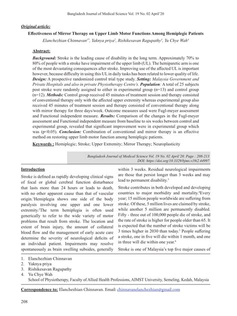 Pdf Effectiveness Of Mirror Therapy On Upper Limb Motor Functions