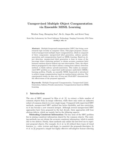 PDF Unsupervised Multiple Object Cosegmentation Via Ensemble MIML Learning