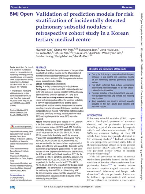 Pdf Validation Of Prediction Models For Risk Stratification Of Incidentally Detected Pulmonary