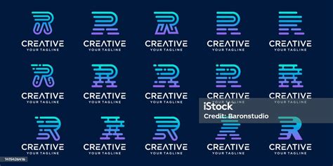 컬렉션 초기 문자 R 로고 디자인 디자인 세트 패션 스포츠 자동차 기술 디지털의 비즈니스를위한 아이콘 0명에 대한 스톡 벡터
