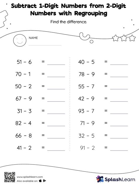 Subtract 1 Digit Numbers From 2 Digit Numbers With Regrouping Horizontal Subtraction Worksheet