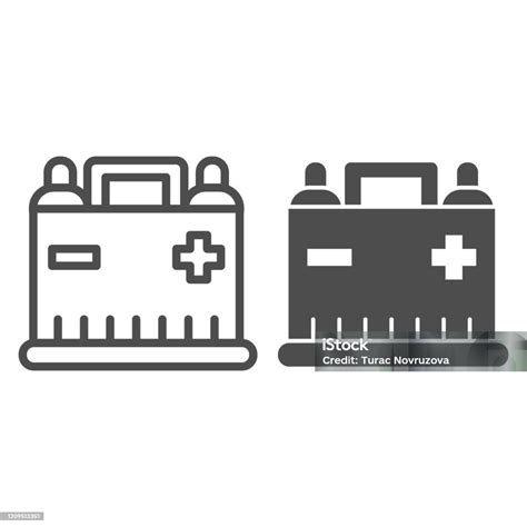 자동차 배터리 라인과 글리프 아이콘 흰색에 격리된 자동 알칼리 벡터 그림입니다 자동차 어큐뮬레이터 개요 스타일 디자인 웹 및 응용 프로그램을 위해 설계 Eps 10 10에