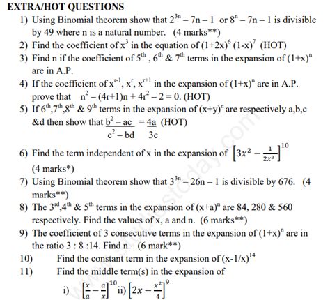Cbse Class 11 Mathematics Binomial Theorem Assignment Set D