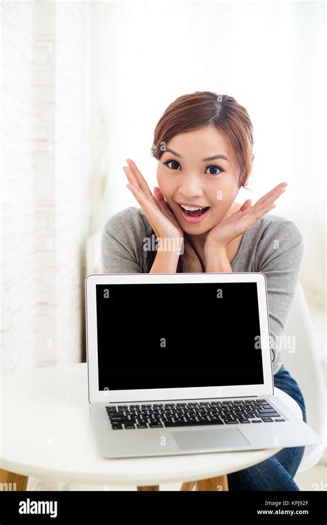 Woman Showing Blank Laptop Screen Stock Photo Alamy