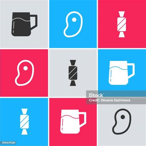 나무 맥주 잔 스테이크 고기와 사탕 아이콘을 설정합니다 벡터 0명에 대한 스톡 벡터 아트 및 기타 이미지 0명 고기 굽기 Istock