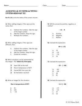 Adding Subtracting Integers Quiz By Mister Math TpT