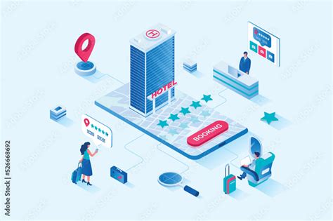 Booking 3d Isometric Web Design People Go On Vacation To Travel And