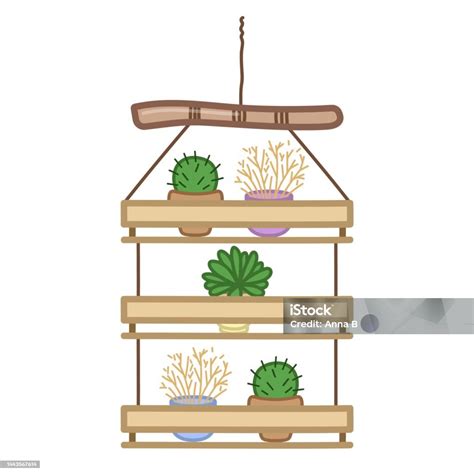 냄비에 장식 식물과 교수형 선반 만화 스타일의 귀여운 그림 흰색 배경에 벡터 아트입니다 0명에 대한 스톡 벡터 아트 및 기타 이미지 Istock