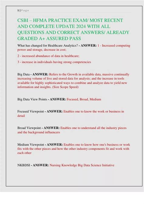 CSBI HFMA PRACTICE EXAM MOST RECENT AND COMPLETE UPDATE WITH ALL QUESTIONS AND CORRECT