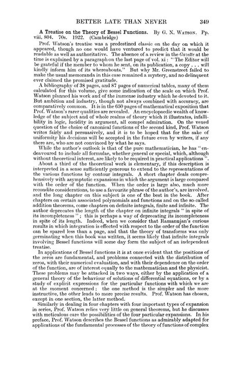 A Treatise On The Theory Of Bessel Functions By G N Watson Pp Viii 804 70s 1922