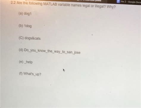Solved 22 Are The Following Matlab Variable Names Legal Or