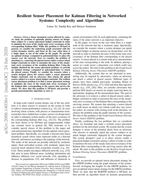 Pdf Resilient Sensor Placement For Kalman Filtering In Networked Systems Complexity And