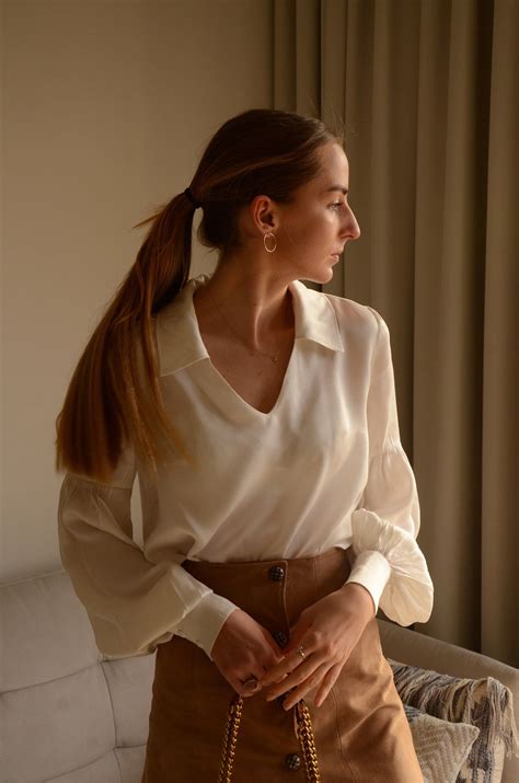 Weiße Seidenbluse Für Frauen Mit Puffärmeln Top Mit V Ausschnitt Und