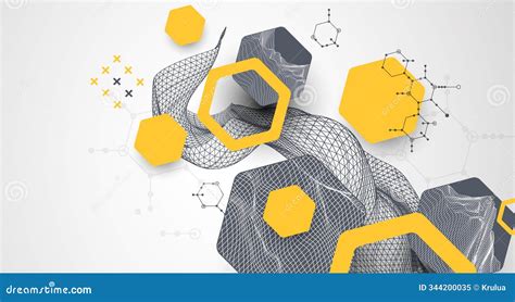 Scientific And Technological Background Wireframe Wave With Hexagons Of Different Types Stock