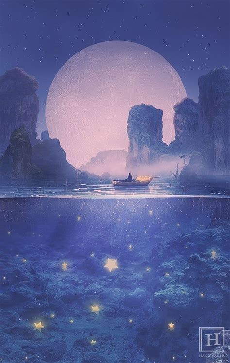 바다 위에 떠다니는 보트와 만달레인 가득한 달빛 하늘