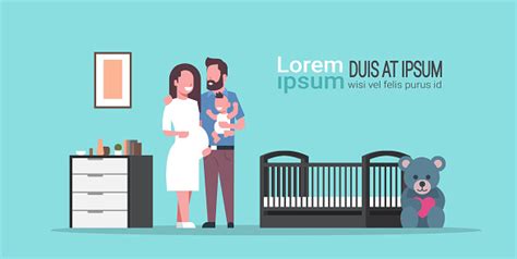 남편과 임신 아내를 들고 신생아 아기 아들 서 있는 아이 침대 행복 한 가족 부모 개념 현대 아기 침실 인테리어 플랫 전체 길이 복사 공간 가구에 대한 스톡 벡터 아트 및