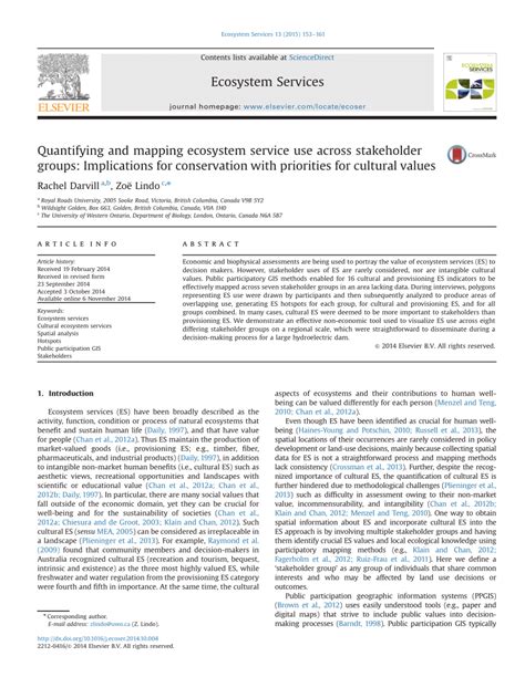 Pdf Quantifying And Mapping Ecosystem Service Use Across Stakeholder
