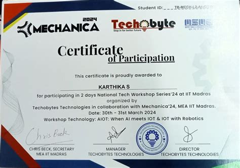 Iot Robotics Techworkshop Certificate Karthika Sankar