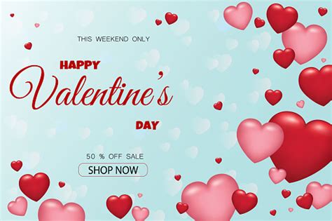 해피 발렌타인 데이 배너 템플릿입니다 하트 모양의 풍선 발렌타인 데이 판매 배경입니다 3차원 형태에 대한 스톡 벡터 아트 및 기타 이미지 3차원 형태 가리기 개념