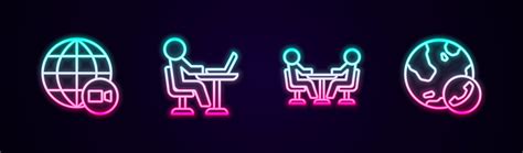 세트 라인 화상 채팅 컨퍼런스 프리랜서 회의 및 빛나는 네온 아이콘 벡터 Brand Name Online Messaging Platform에 대한 스톡 벡터 아트 및 기타