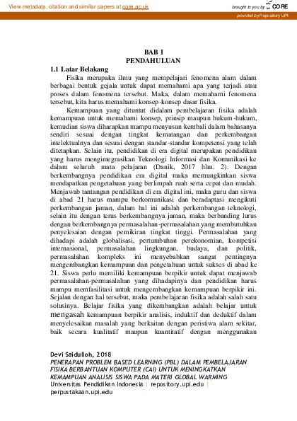 Pdf Penerapan Problem Based Learning Pbl Dalam Pembelajaran Fisika Berbantuan Komputer Cai