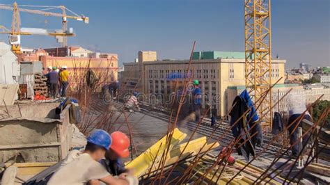 Steel Bar Rebar Metal Framework Reinforcement For Concrete At Construction Site Timelapse Stock