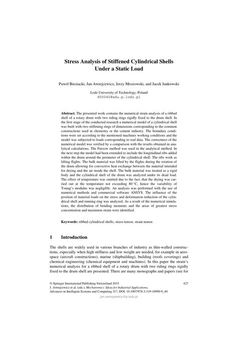 Pdf Stress Analysis Of Stiffened Cylindrical Shells Under A Static Load