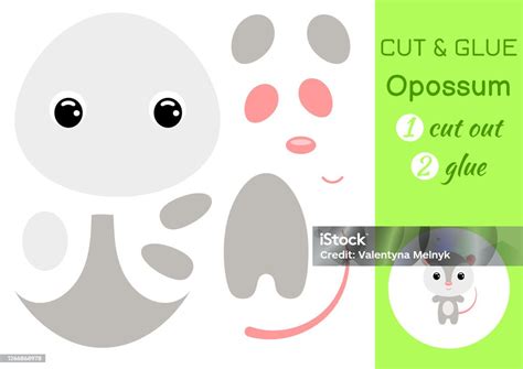 잘라 아기 Opossum접착제 워크시트를 개발하는 교육 미취학 아동을위한 컬러 종이 게임 종이에 이미지와 접착제의 일부를 잘라 만화 캐릭터 다채로운 벡터 스톡 일러스트레이션