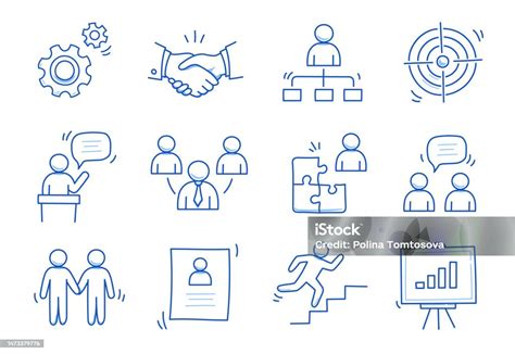 낙서 비즈니스 팀 아이콘 세트입니다 낙서 팀워크 사람들 커뮤니티 사무실 남자 그룹 작업 개념 표적 남자 말 악수 요소 손으로 그린 스케치 스타일 벡터 그리기에 대한 스톡