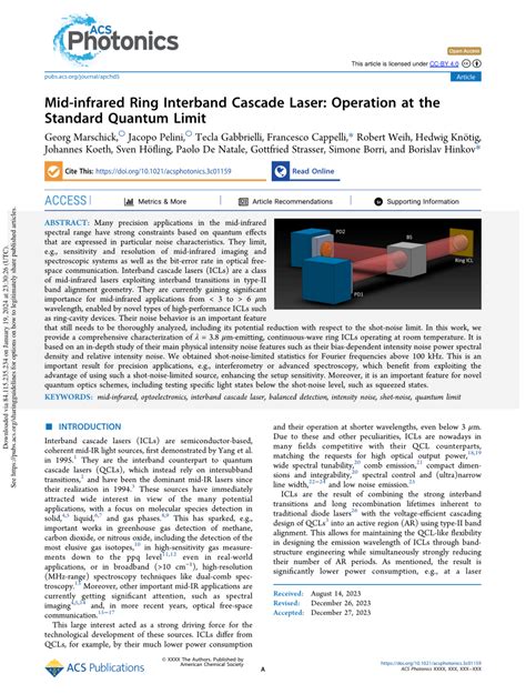 Pdf Mid Infrared Ring Interband Cascade Laser Operation At The Standard Quantum Limit