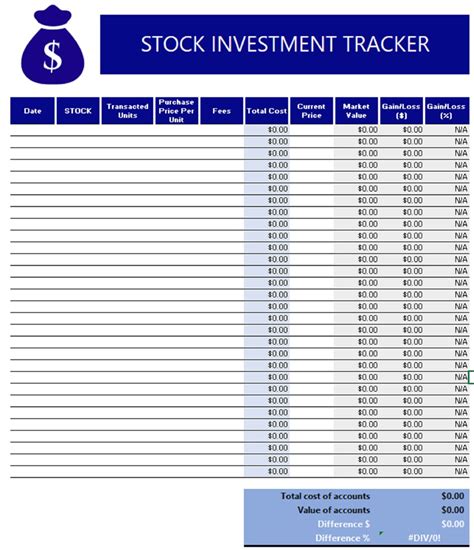Investment Tracker Excel Template Instant Download Editable Spreadsheet Printable