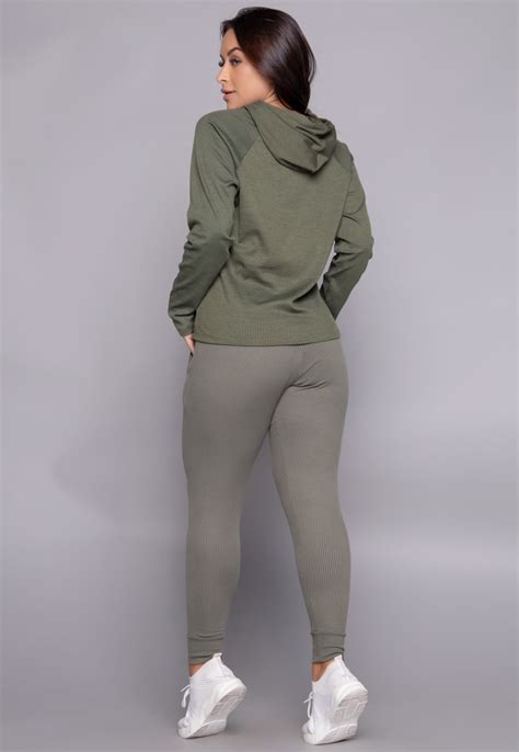 Conjunto Feminino Canelado Comfy Com Capuz E Jogger Verde Compre