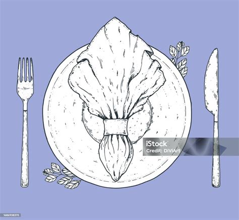 수저 세트 냅킨 포크 및 나이프 스케치가 있는 접시 평면도 손으로 그린 벡터 그림입니다 빈티지 스케치 테이블 설정 개체 그룹에 대한 스톡 벡터 아트 및 기타 이미지 Istock
