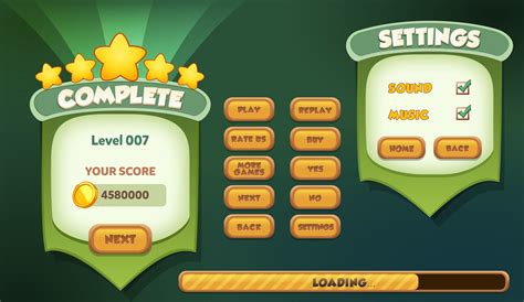 Level Complete And Settings Menu Pop Up With Stars Score And Sound Music Buttons Vector
