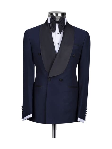Navy Blue Jacquard Double Breasted Shawl Lapel Suits Zarayee