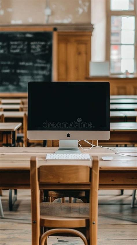 Empty Classroom With Computer On Desk Modern Education Technology Stock Illustration