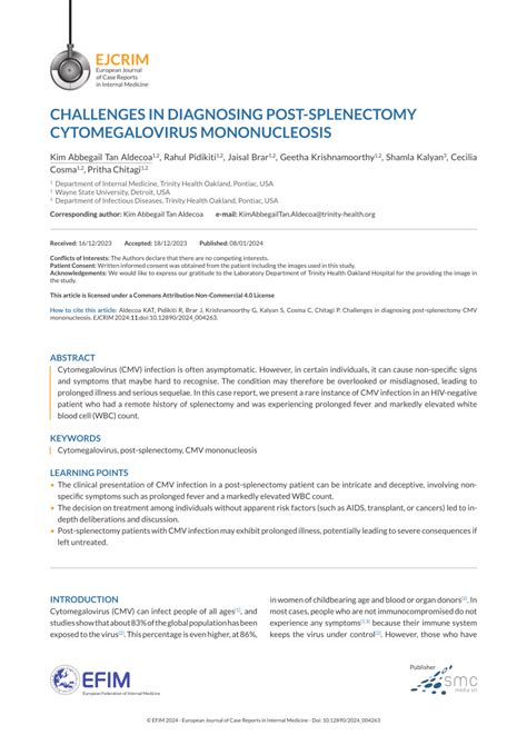 Pdf Challenges In Diagnosing Post Splenectomy Cytomegalovirus Mononucleosis