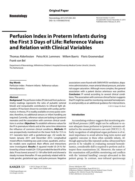 Pdf Perfusion Index In Preterm Infants During The First 3 Days Of Life Reference Values And