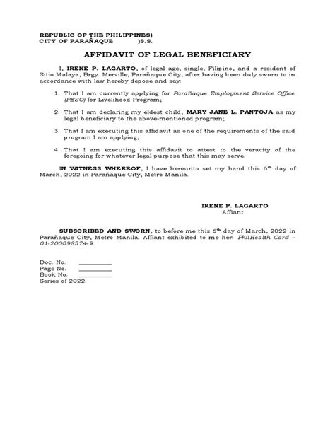 Affidavit Of Beneficiary Pdf