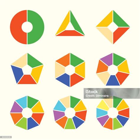 부드러운 직선 가장자리와 원형 차트의 집합입니다 평면 스타일에서 템플릿 부문별 그래프입니다 인포 그래픽에 대 한 다채로운 요소입니다 벡터 0명에 대한 스톡 벡터 아트 및