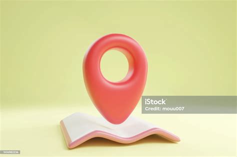 지도의 3d 위치 포인트 마커 또는 고립 된 밝은 노란색 배경에 탐색 핀 아이콘 기호 네비게이션은 지도 방향에 그림자가있는 빨간색 파스텔 색상입니다 3d Gps 핀 3d
