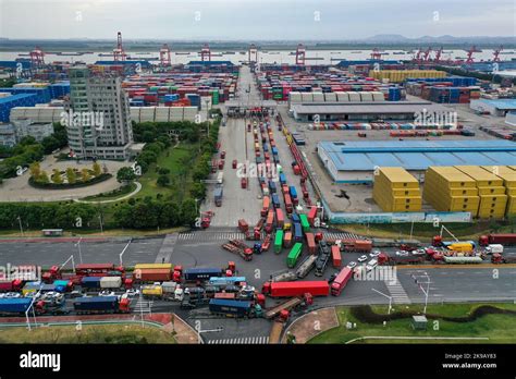 NANJING CHINA OCTOBER 27 2022 Aerial Photo Shows Container Trucks