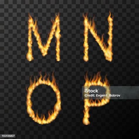 Api Api Realistis Terang Dalam Bentuk Huruf M N O P Konsep Font Panas Transparan Ilustrasi Stok