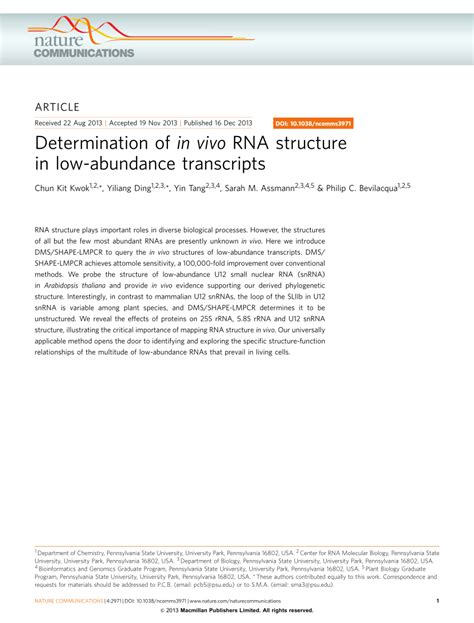 Pdf Determination Of In Vivo Rna Structure In Low Abundance Transcripts