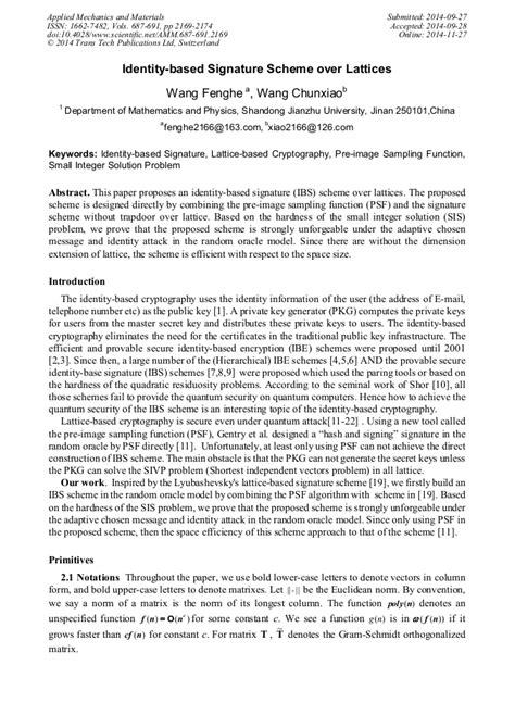 Identity Based Signature Scheme Over Lattices Scientificnet