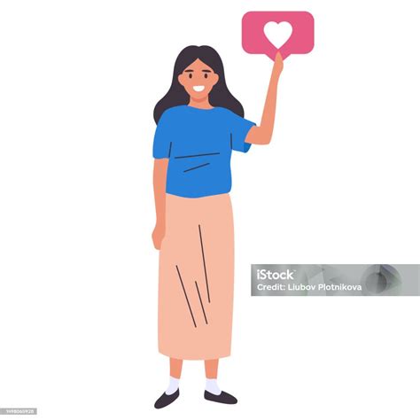 심장 알림을 들고 있는 여자 같은 기호를 가진 여성 캐릭터 소셜 미디어 성공 중독 인플루언서 마케팅 홍보 플랫 벡터 일러스트레이션 개념에 대한 스톡 벡터 아트 및 기타